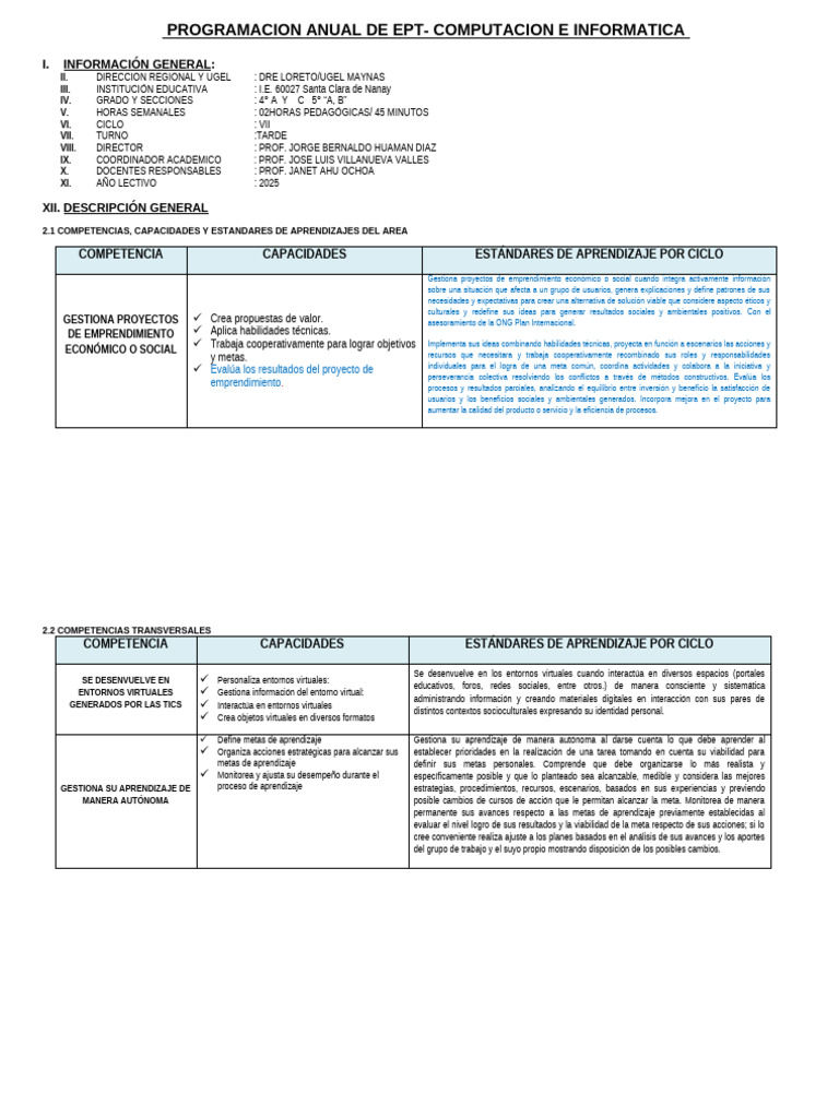 Programación Anual 2025 Ept-Computacion 4°, 5° Sec - Janet - 2025 | PDF | Evaluación | Aprendizaje