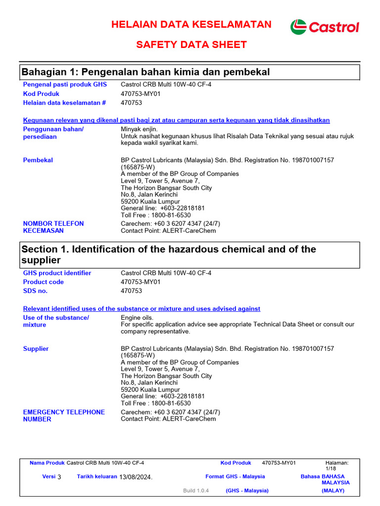 Castrol (My) Msds Bm&Bi - Castrol CRB Multi 20w 40cf-4 (Engine Oil) | PDF