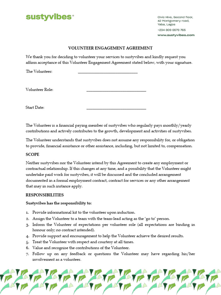 Volunteer Engagement Agreement Template | PDF | Volunteering | Employment