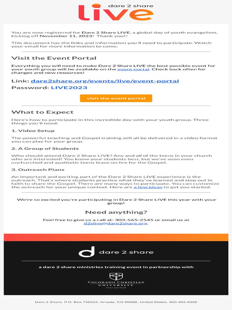 Dare 2 Share LIVE - 2023 - Registration Details | PDF