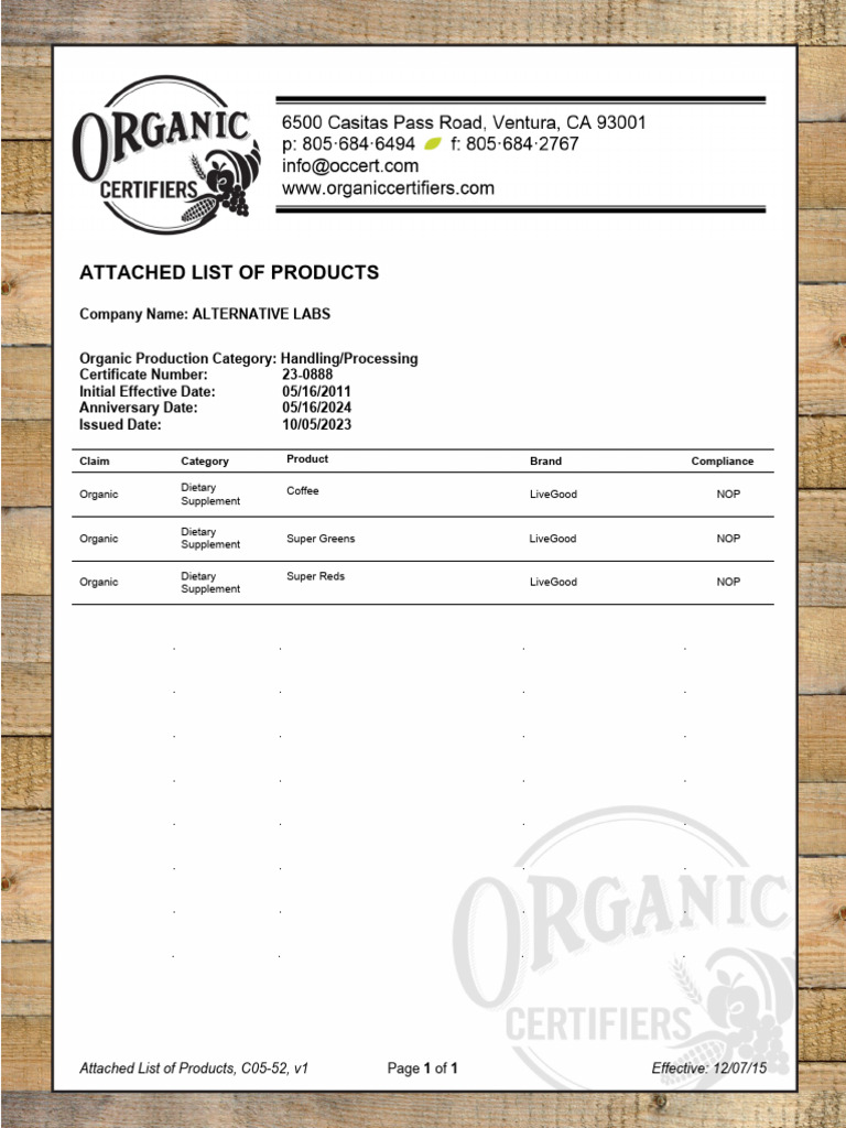 Organic Products List for LiveGood | PDF