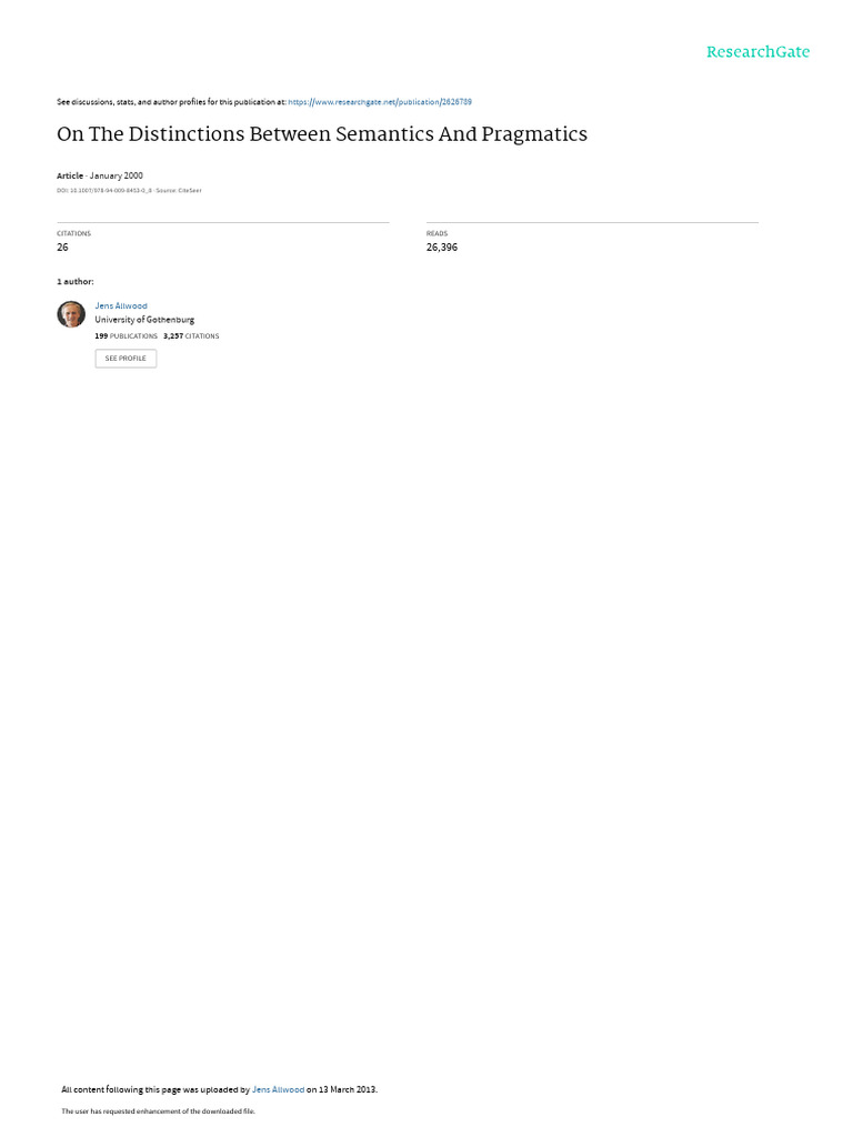 Text 3 - Allwood On The Distinctions Between Semantics and Pragmatics ...