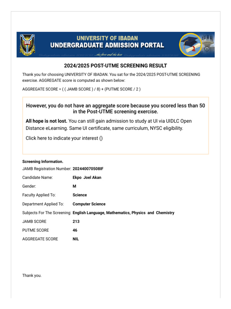 UI 2024/2025 Post-UTME Results Summary | PDF