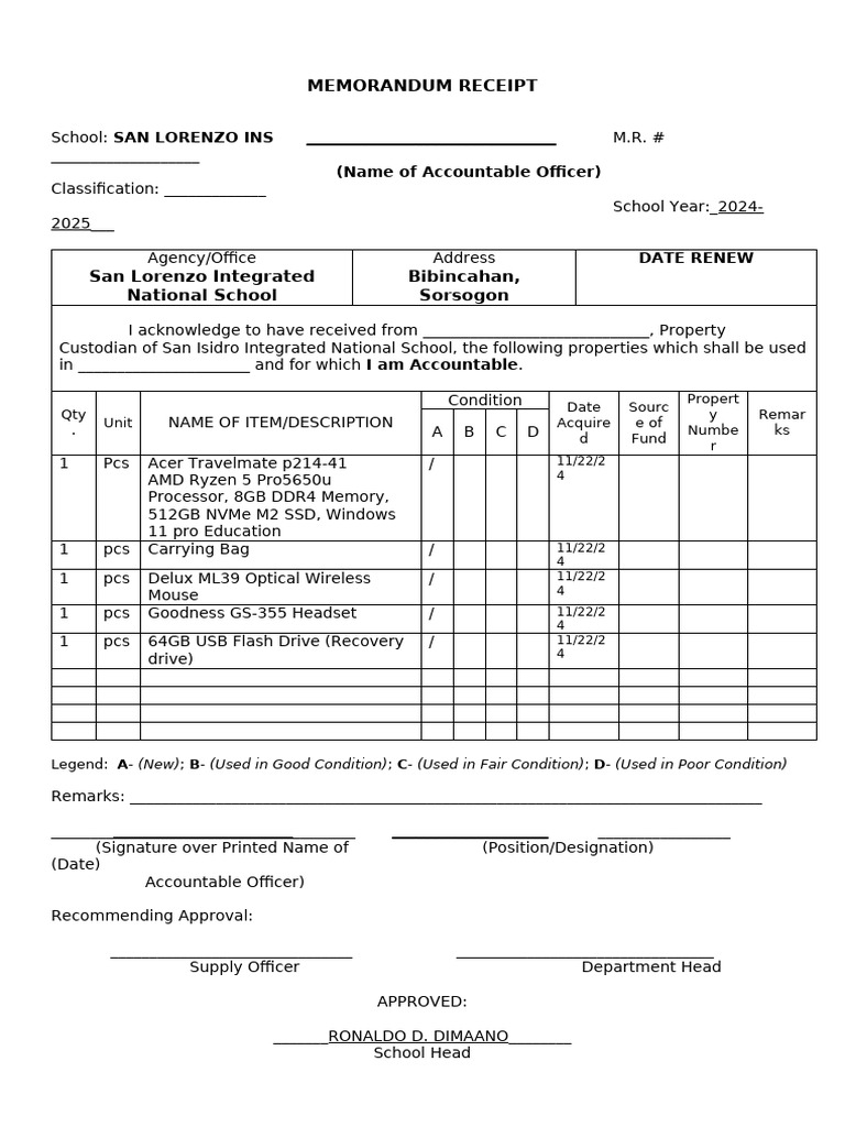 Memorandum Receipt for School Property | PDF | Personal Computing ...