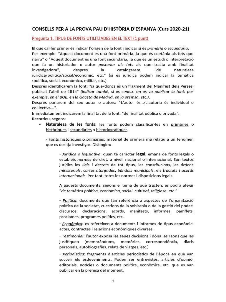 CONSELLS PER A LA PROVA PAU HISTÒRIA D'ESPANYA (2020-21) | PDF