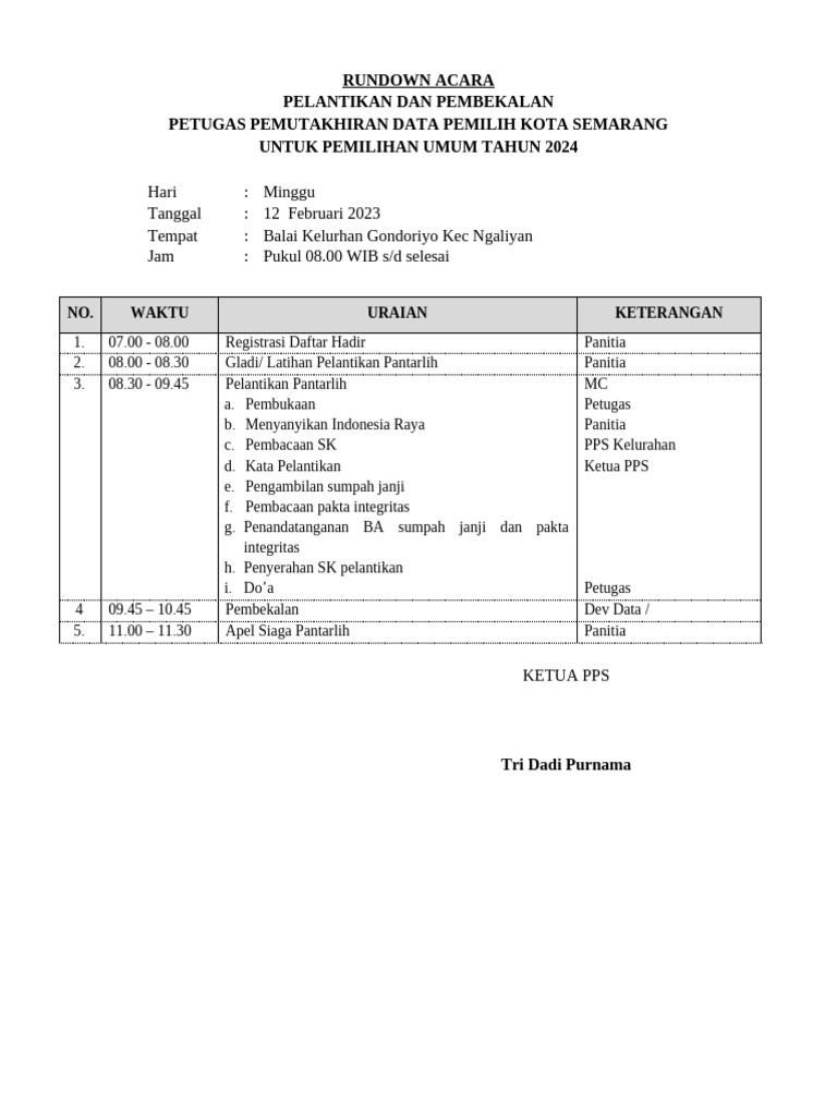 Rundown Acara Pelantikan Pantarlih | PDF