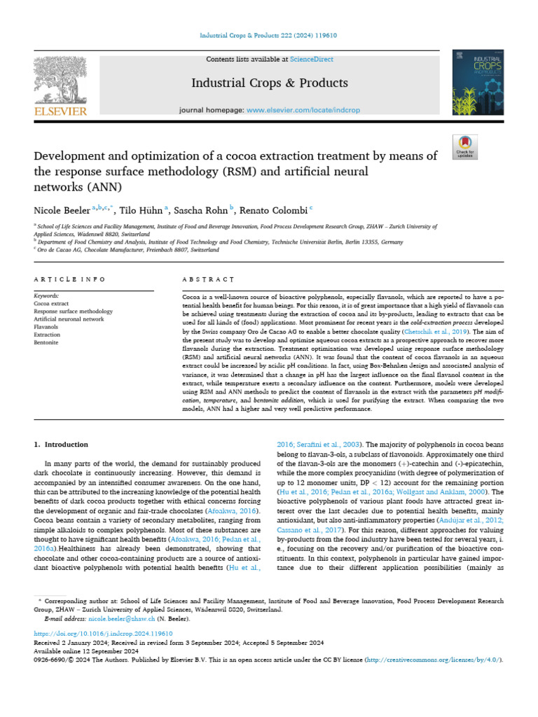 Development and Optimization of A Cocoa Extraction Treatment by Means of The Response Surface ...