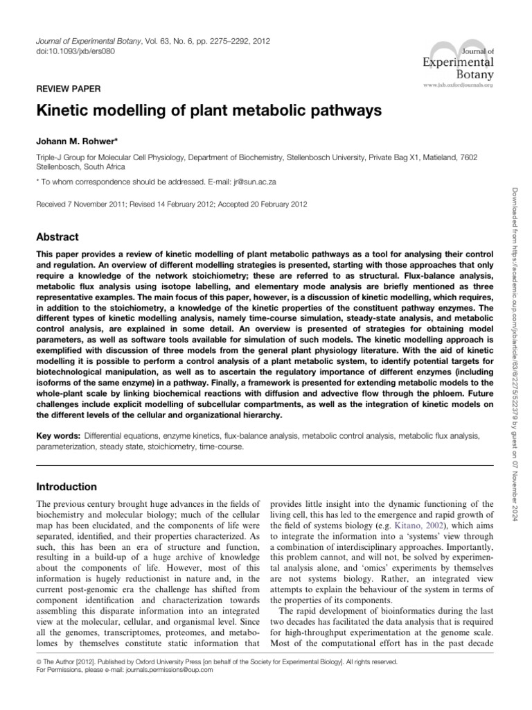 Review Paper - Kinetic Modelling of Plant Metabolic Pathways 2012 | PDF ...