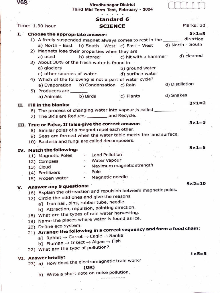 6th Science 3rd Mid Term Paper 2024 | PDF | Water | Magnet
