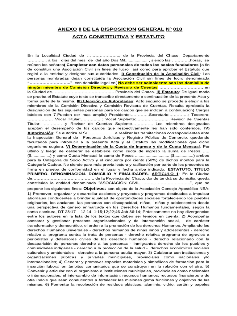 NUEVO Modelo de Acta Constitutiva-ANEXO II - DISP. GRAL #018 | PDF | Votación | Comisión Europea