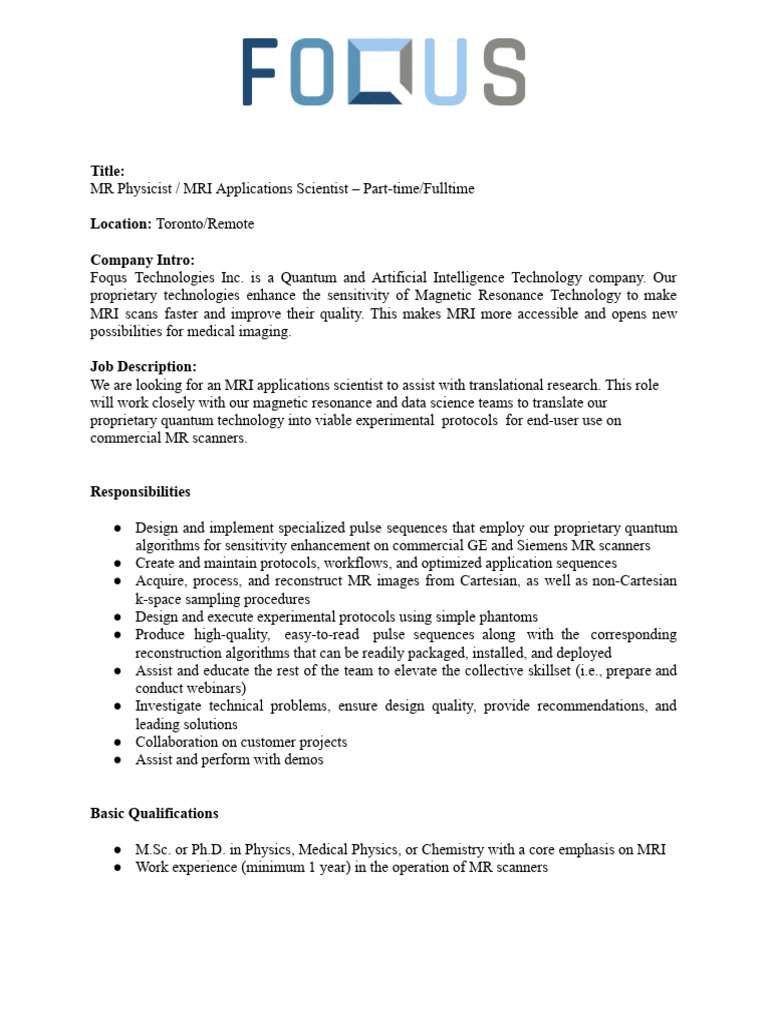MRI Applications Scientist Job in Toronto | PDF | Magnetic Resonance ...