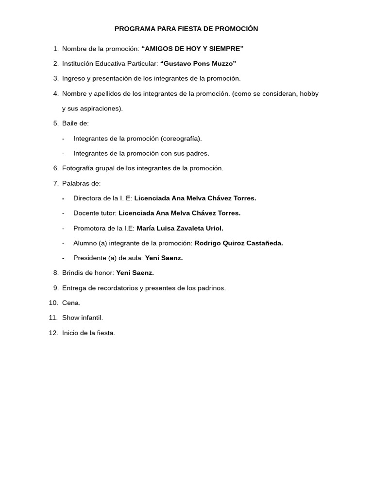 Programa para Fiesta de Promoción | PDF