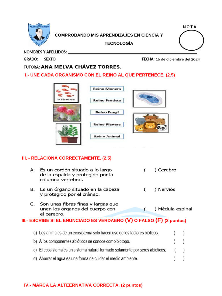 COMPROBANDO MIS APRENDIZAJES EN CIENCIA Y TECNOLOGÍA 6to GRADO | PDF