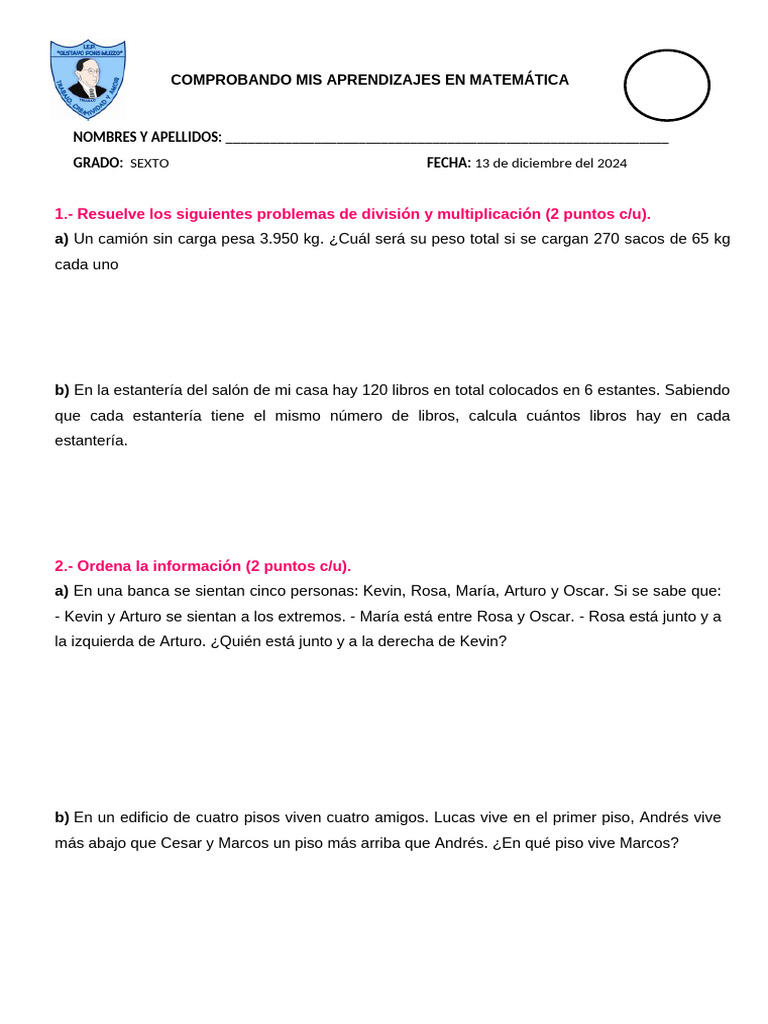 Comprobando Mis Aprendizajes en Matemática Sexto | PDF