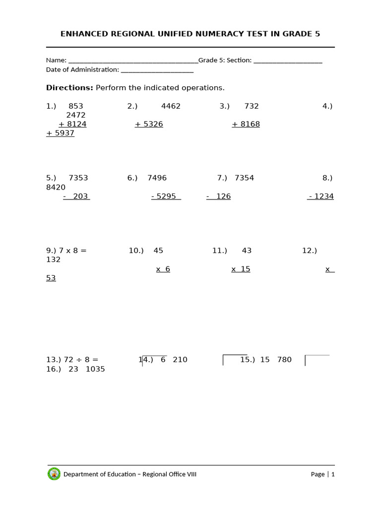Grade 5 Enhanced Numeracy Test | PDF