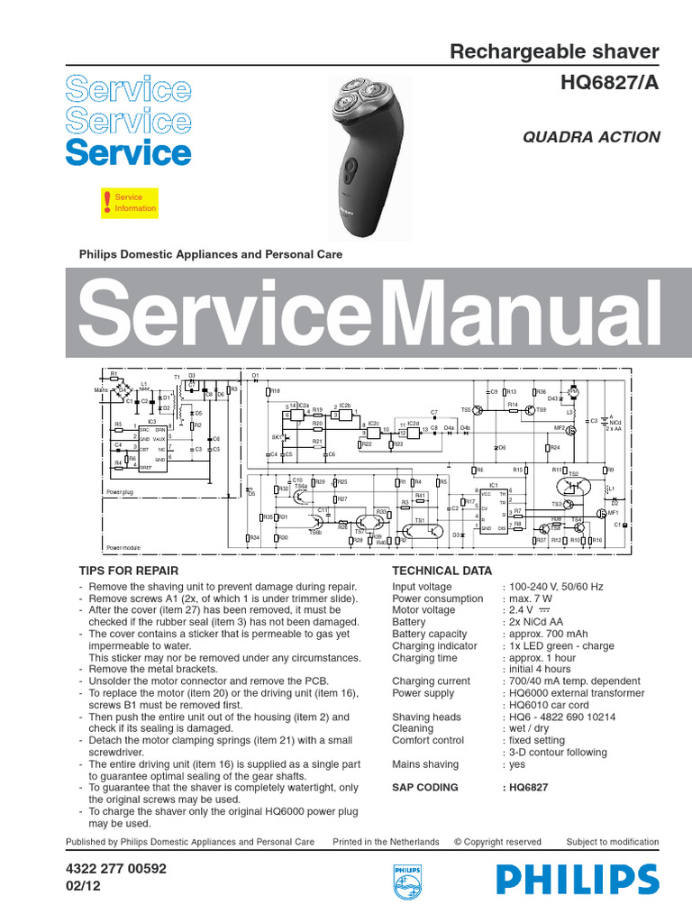 Philips HQ6827/A Shaver Service Manual | PDF | Electrical Engineering ...