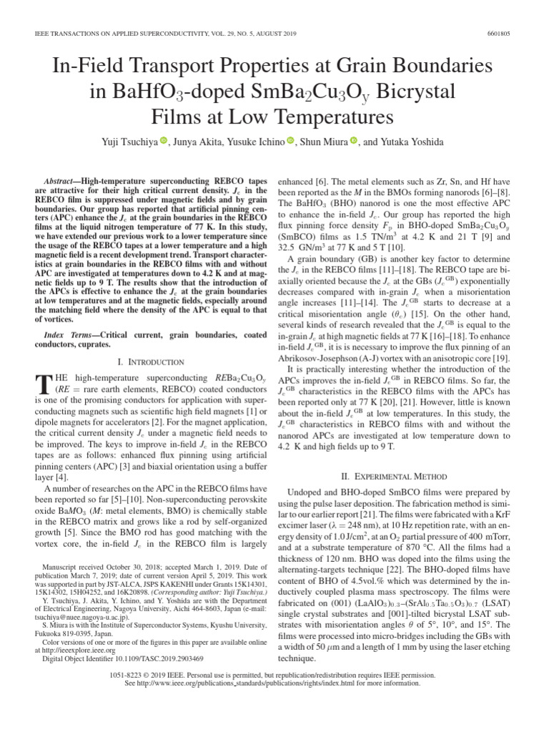 In-Field Transport Properties at Grain Boundaries in BaHfO3-doped ...