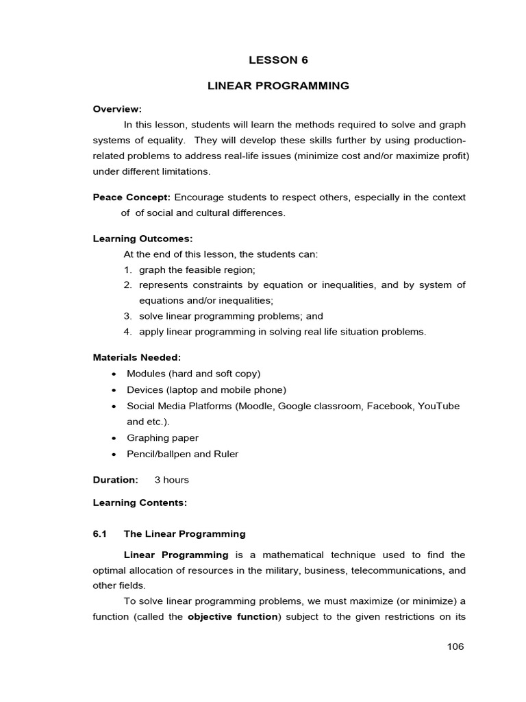 LESSON 6 Linear Progg. | PDF | Linear Programming | Mathematical ... LESSON 6 Linear Progg. | PDF | Linear Programming | Mathematical ...