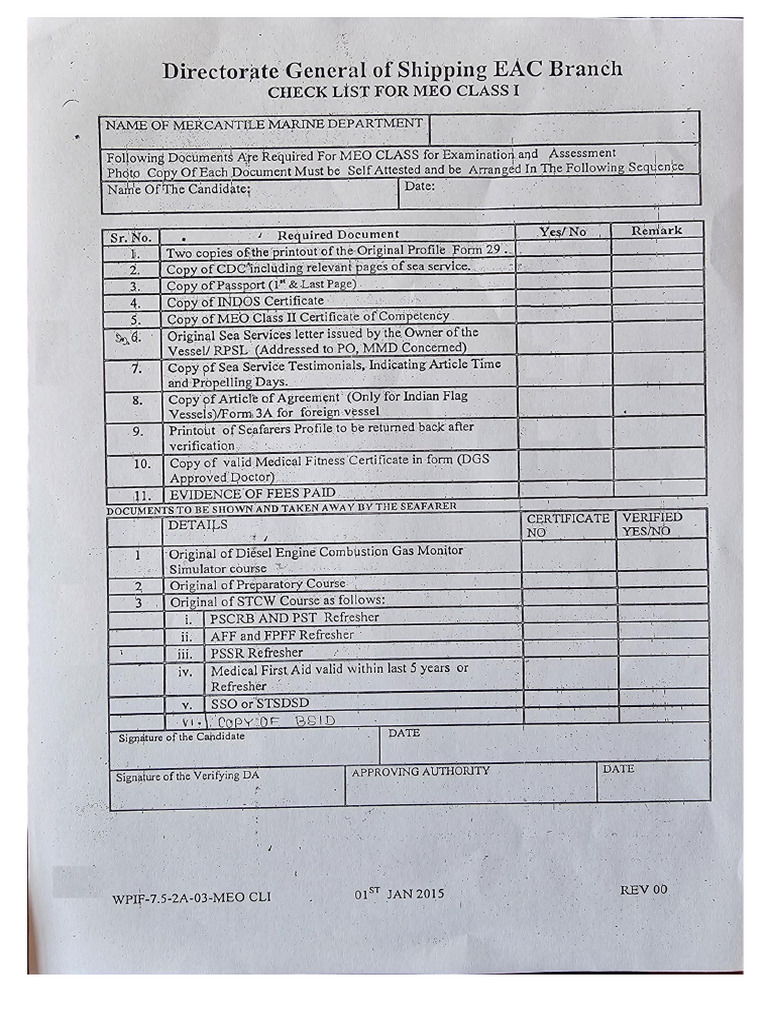 Meo Class 1 Check List | PDF
