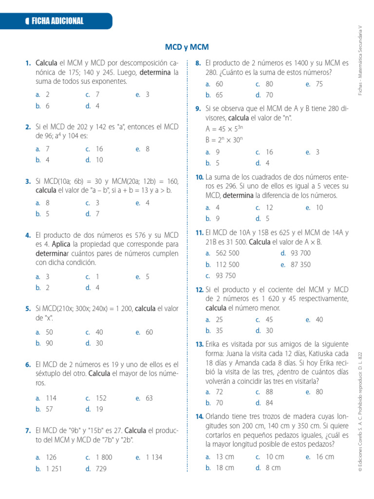 Ejercicios de MCD y MCM para Secundaria | PDF