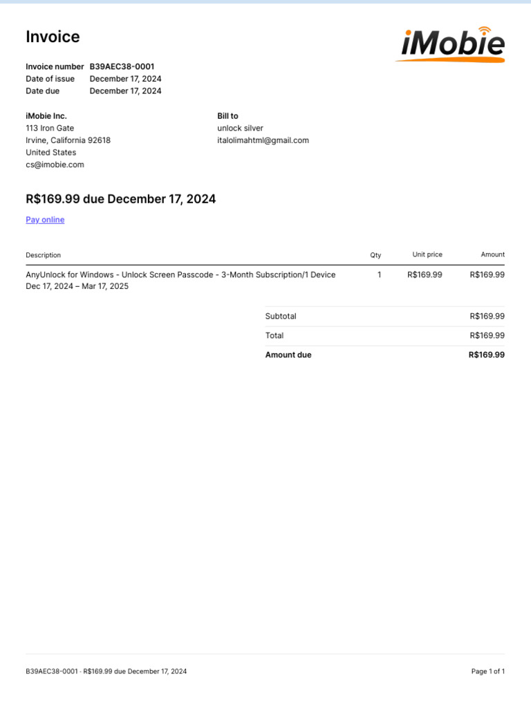 Invoice for AnyUnlock Subscription | PDF