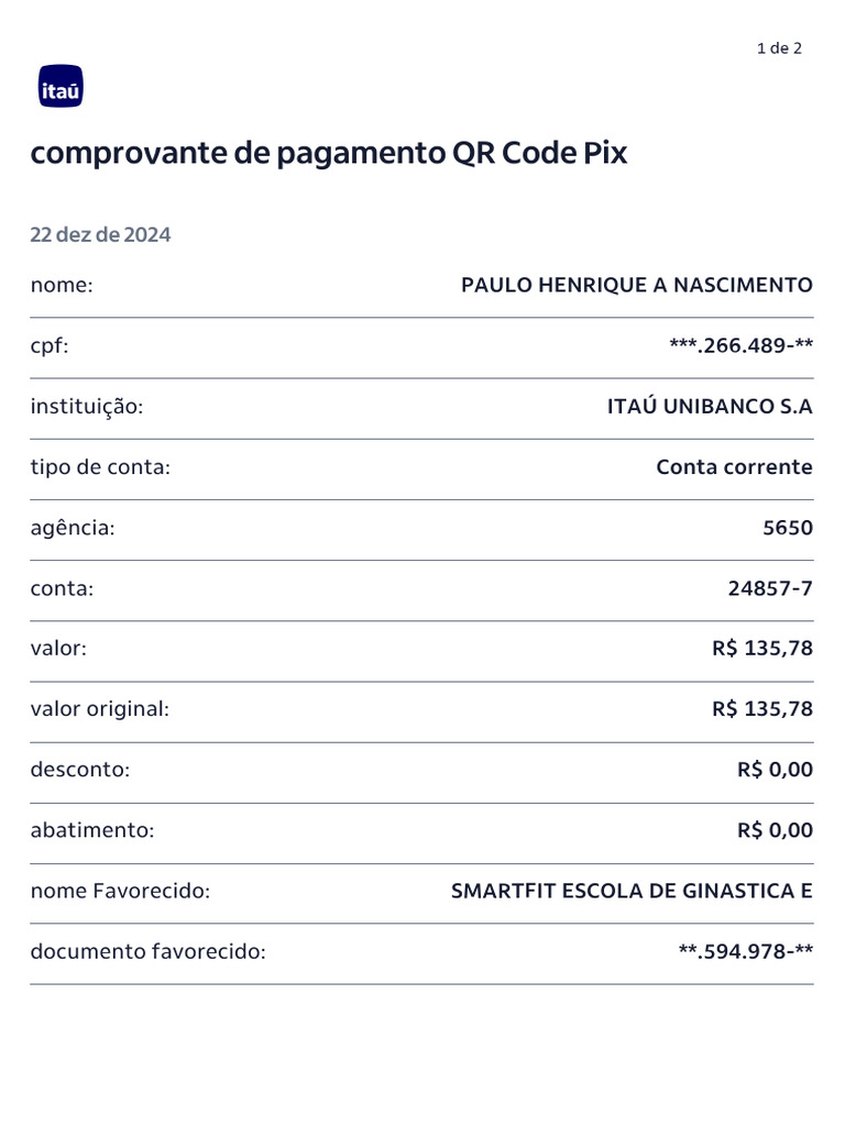 Comprovante Pix Itaú para Smartfit | PDF