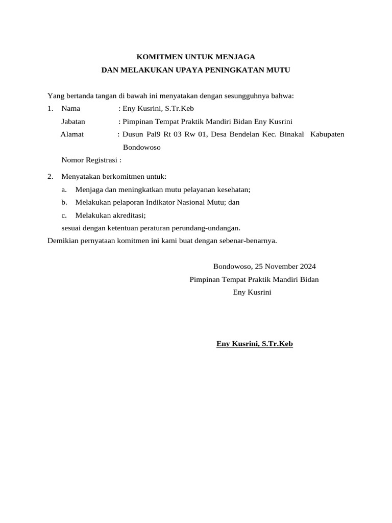 Eny K Surat Pernyataan Komitmen Mutu | PDF