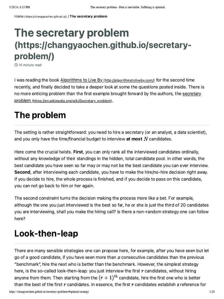 Optimal Strategy for Secretary Problem | PDF | Dynamic Programming ...