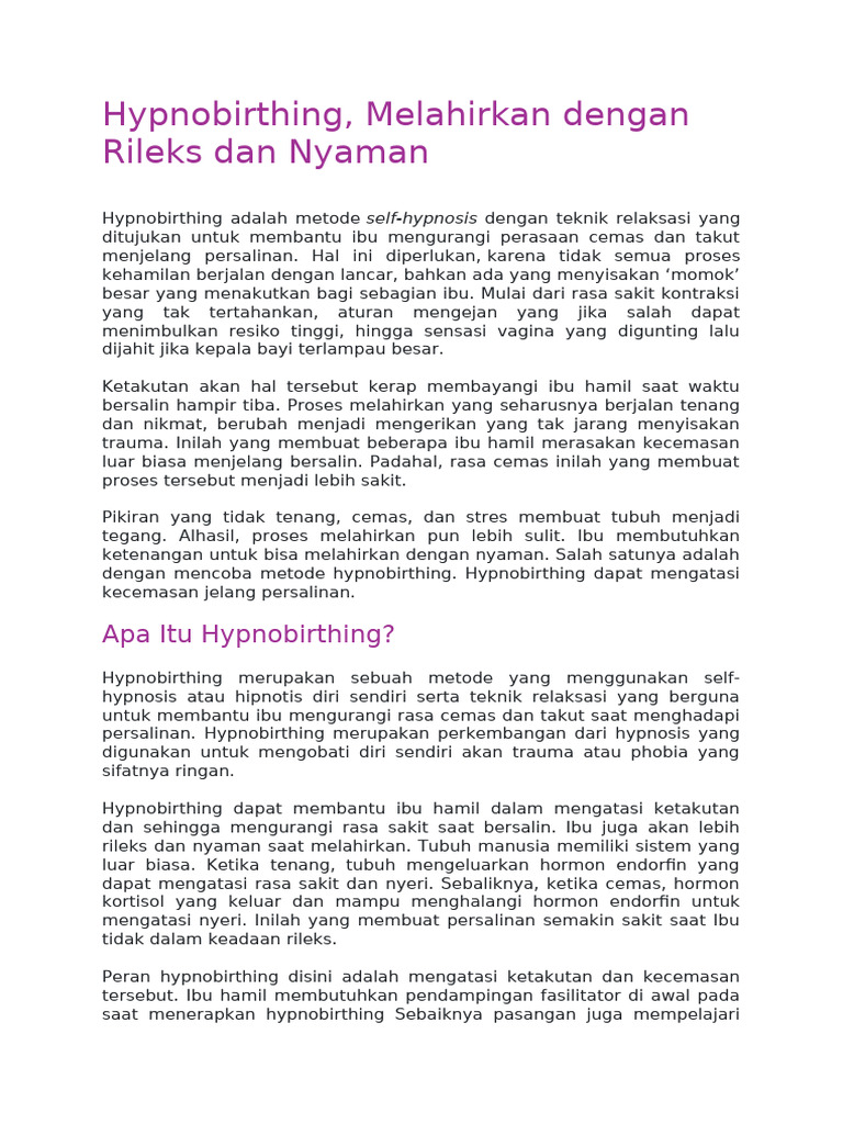 Hypnobirthing - Klas Bumil Bendelan | PDF