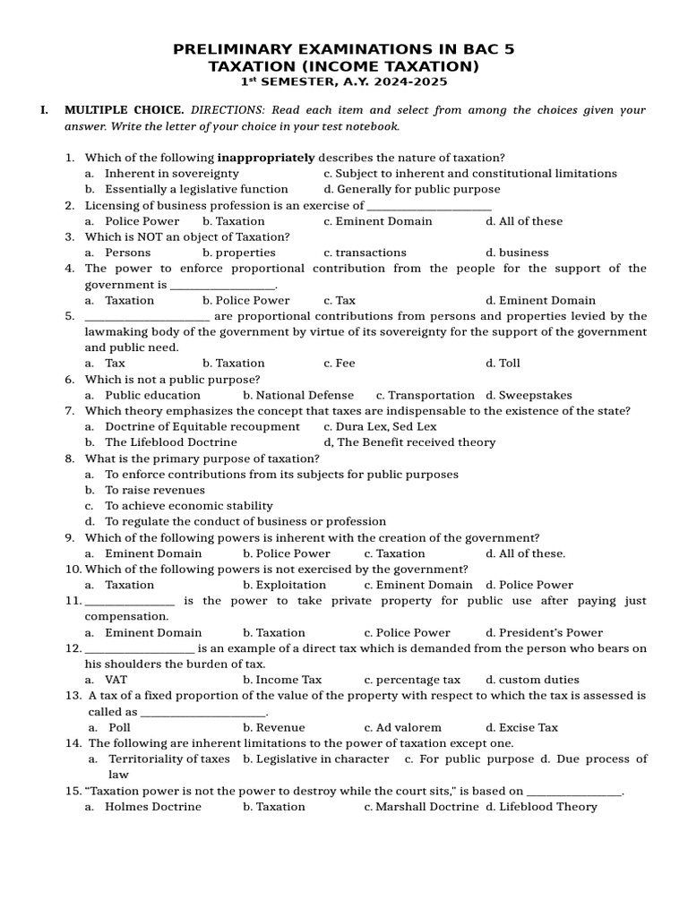 BAC 5 Income Taxation Exam Guide | PDF | Taxes | Taxation In The United ...