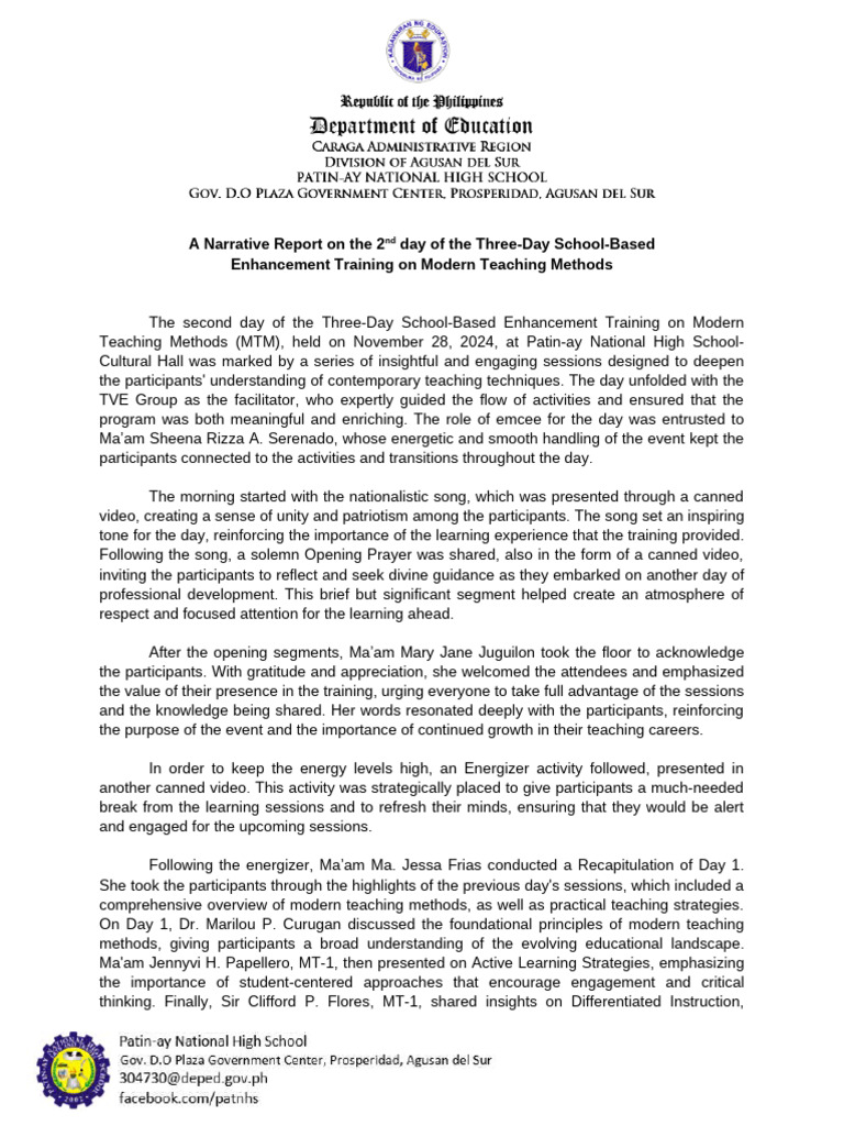 Day 2 INSET Narrative Report | PDF | Teaching Method | Learning