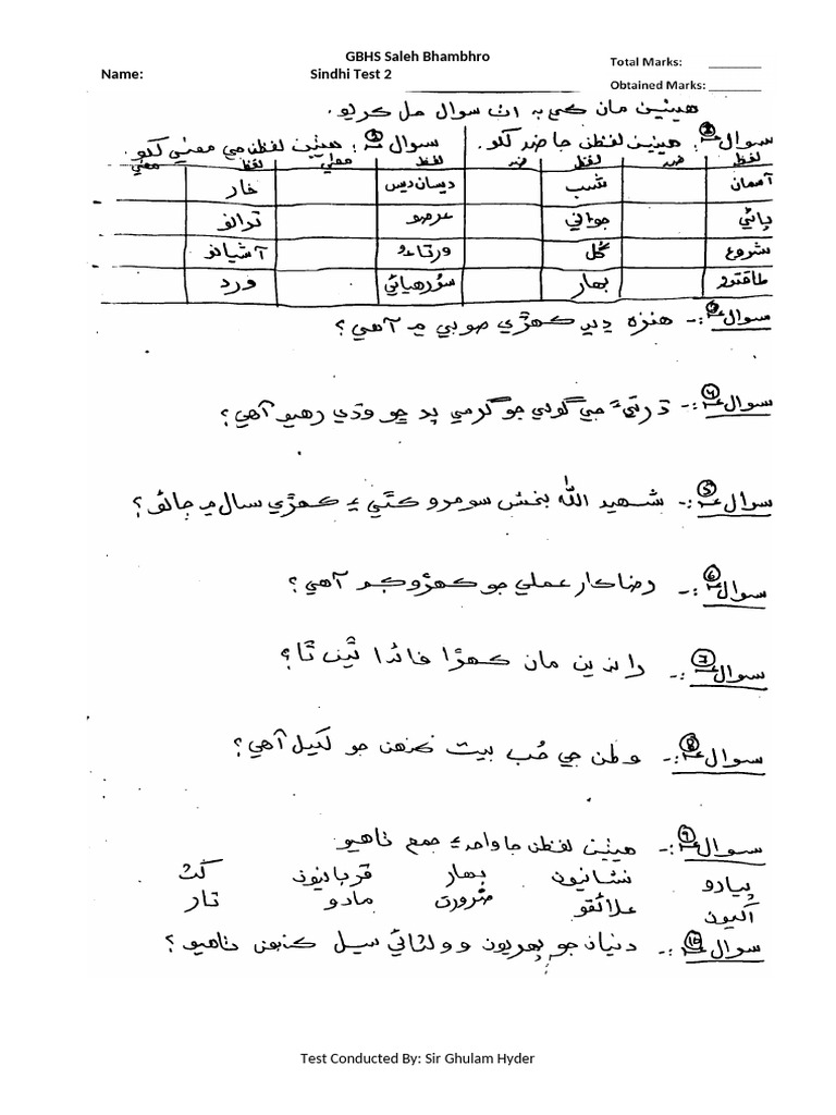 Sindhi Test 2 by Sir Ghulam Hyder | PDF
