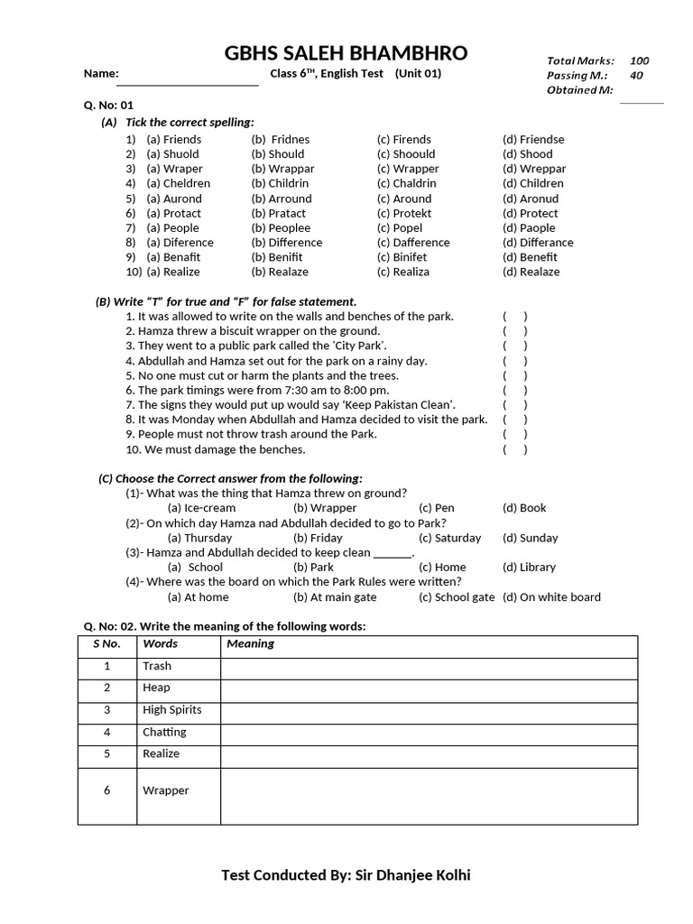 Class 6 English Test: Spelling & Comprehension | PDF