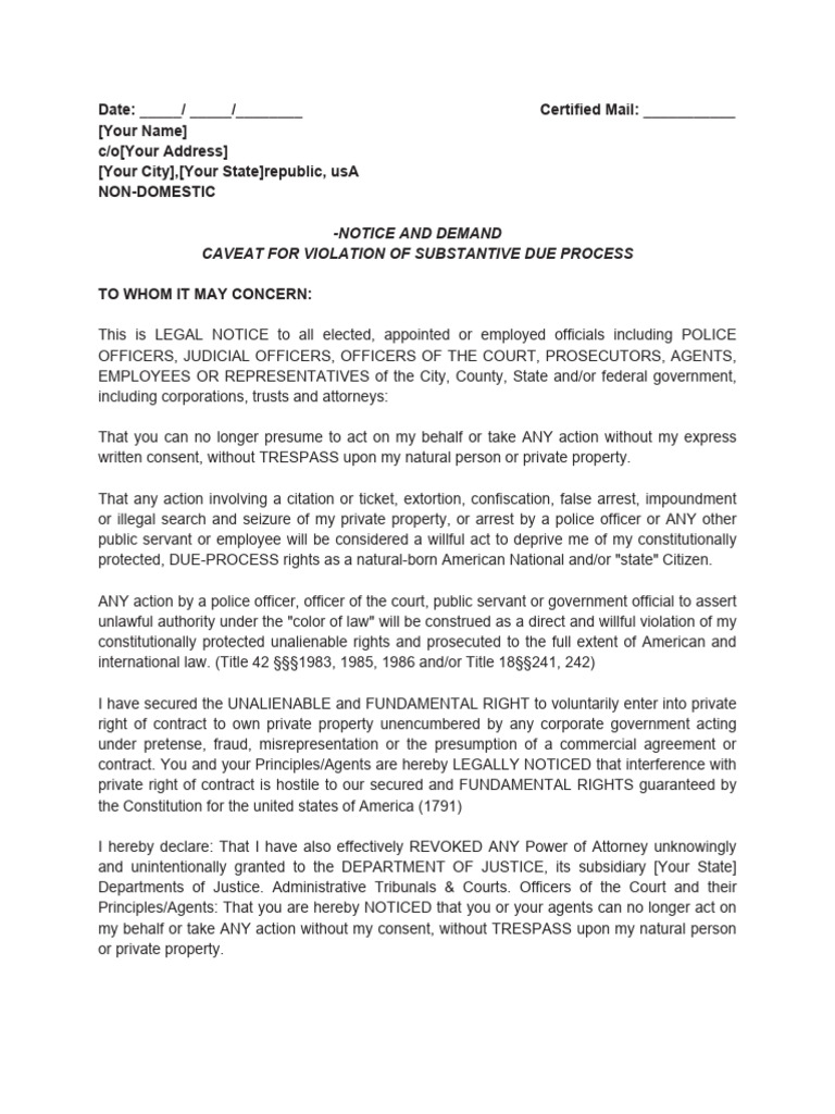 NOTICE AND DEMAND CAVEAT FOR VIOLATION OF SUBSTANTIVE DUE PROCESS | PDF ...