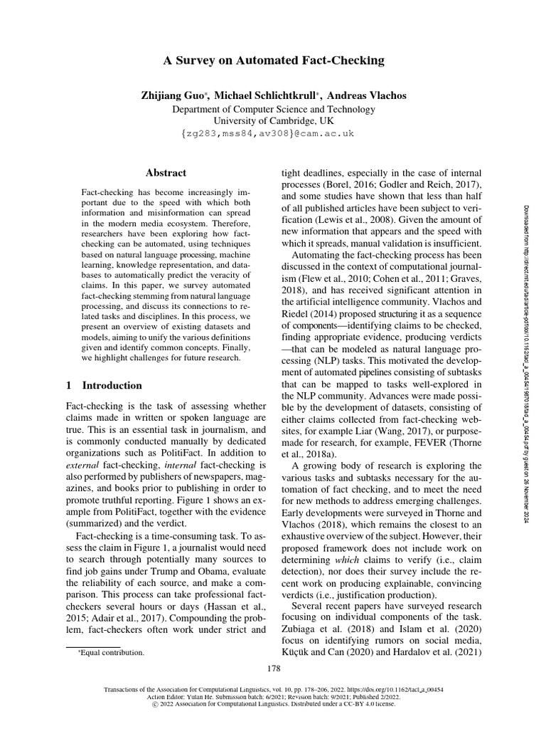 A Survey On Automated Fact-Checking | PDF | Evidence | Cognition