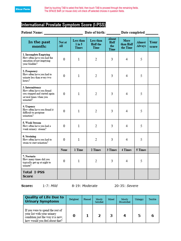 Prostate EPIC Symptom Questionnaire | PDF | Urination | Erectile ...