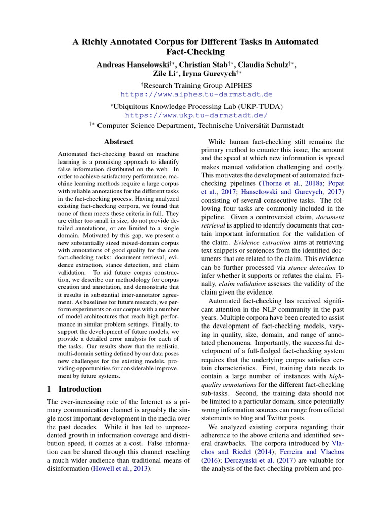 A Richly Annotated Corpus for Different Tasks in Automated Fact ... A Richly Annotated Corpus for Different Tasks in Automated Fact ...