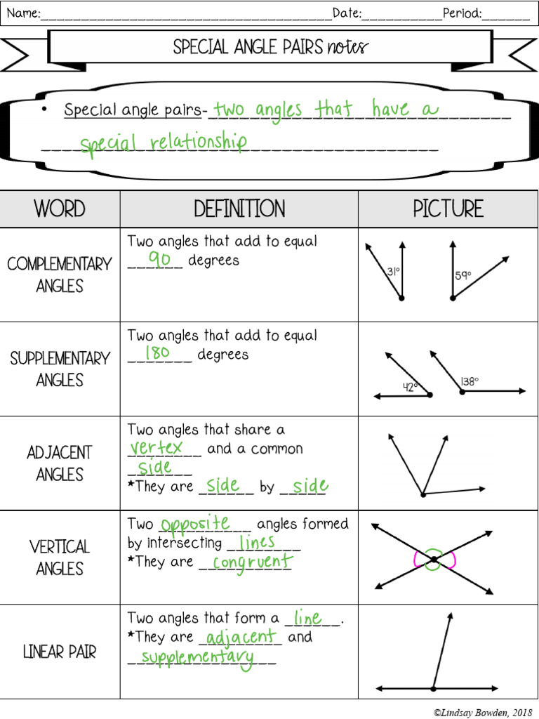 Special Angle Pairs Notes KEY | PDF | Geometry | Euclidean Geometry