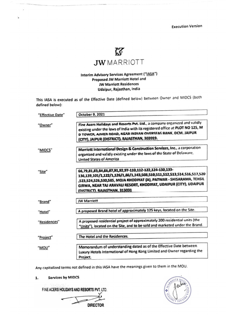 JW Marriott Service Agreement | PDF