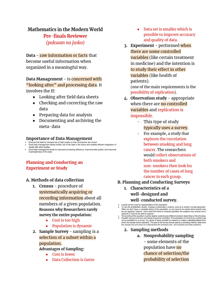 Mmw Rph Prefinals Reviewer | PDF | Sampling (Statistics) | Statistical ...