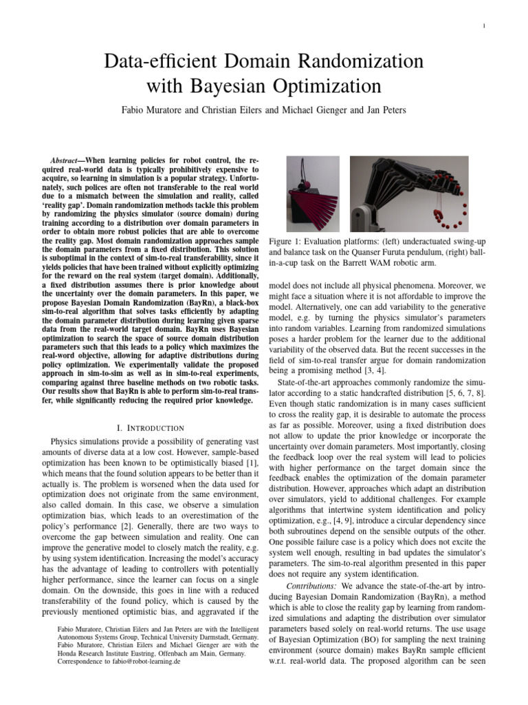 Data-Efficient Domain Randomization With Bayesian Optimization | PDF | Mathematical Optimization ...