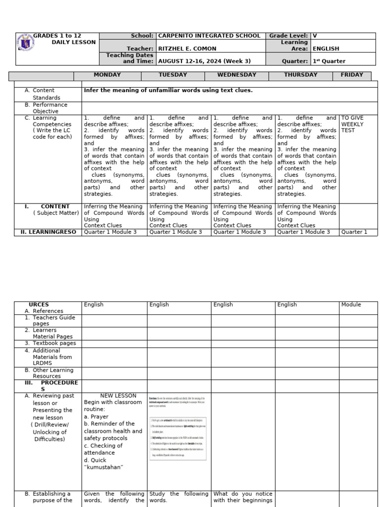 Grade 5 English Lesson Plan: Affixes | PDF | Word | Human Communication