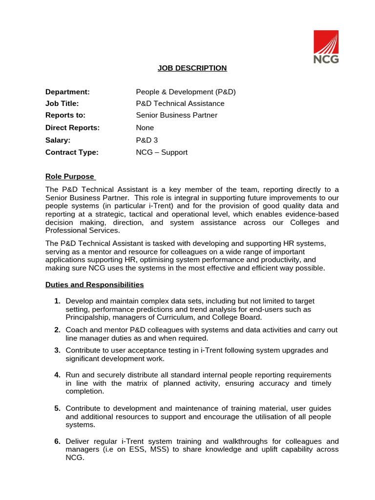 P&D Technical Assistant Job Overview | PDF | Business