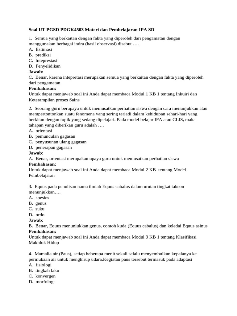 Soal UT PGSD PDGK4503 Materi dan Pembelajaran IPA SD | PDF