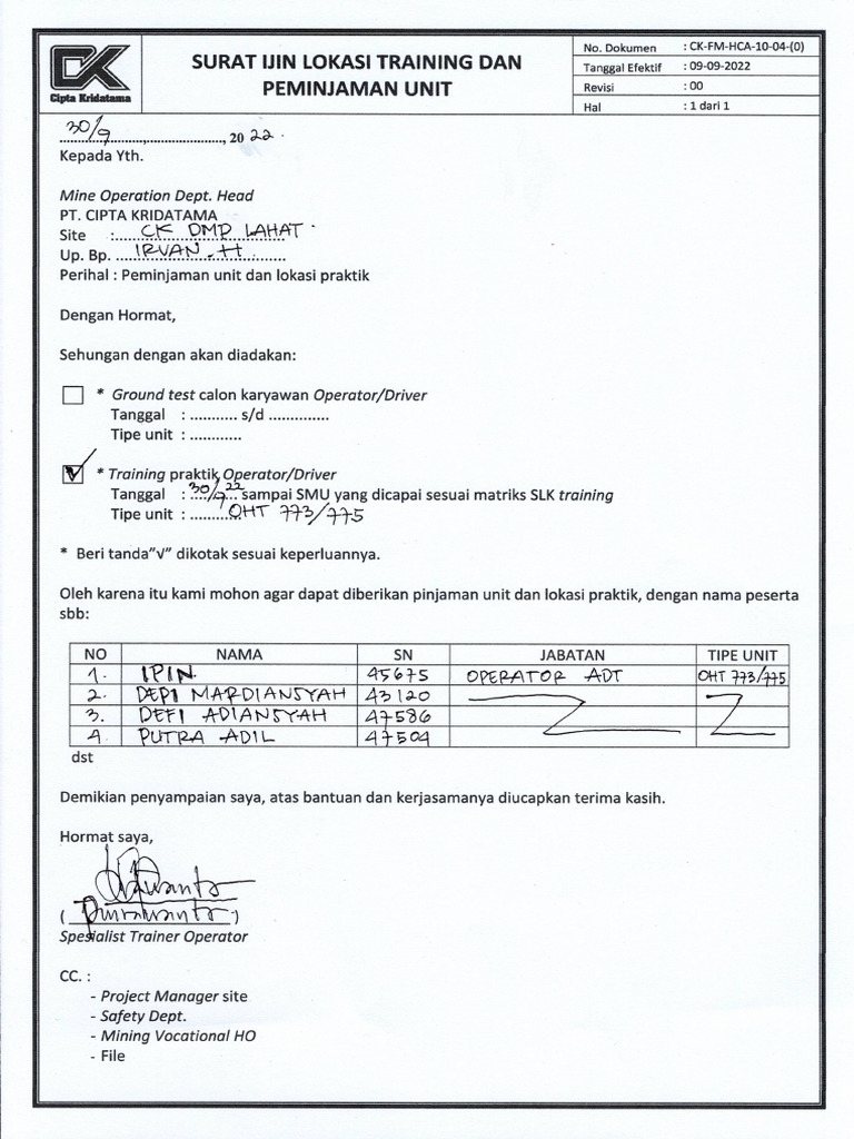 Scan Surat Ijin Lokasi Training Dan Peminjaman Unit | PDF