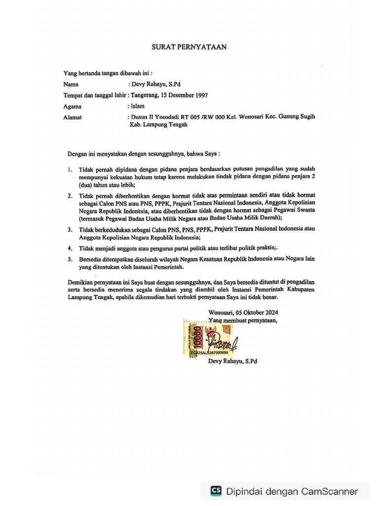 Surat Pernyataan Devy | PDF