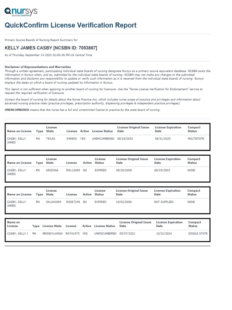 Nursys QuickConfirm License Verification Report - 2023 - 09 - 14 | PDF ...
