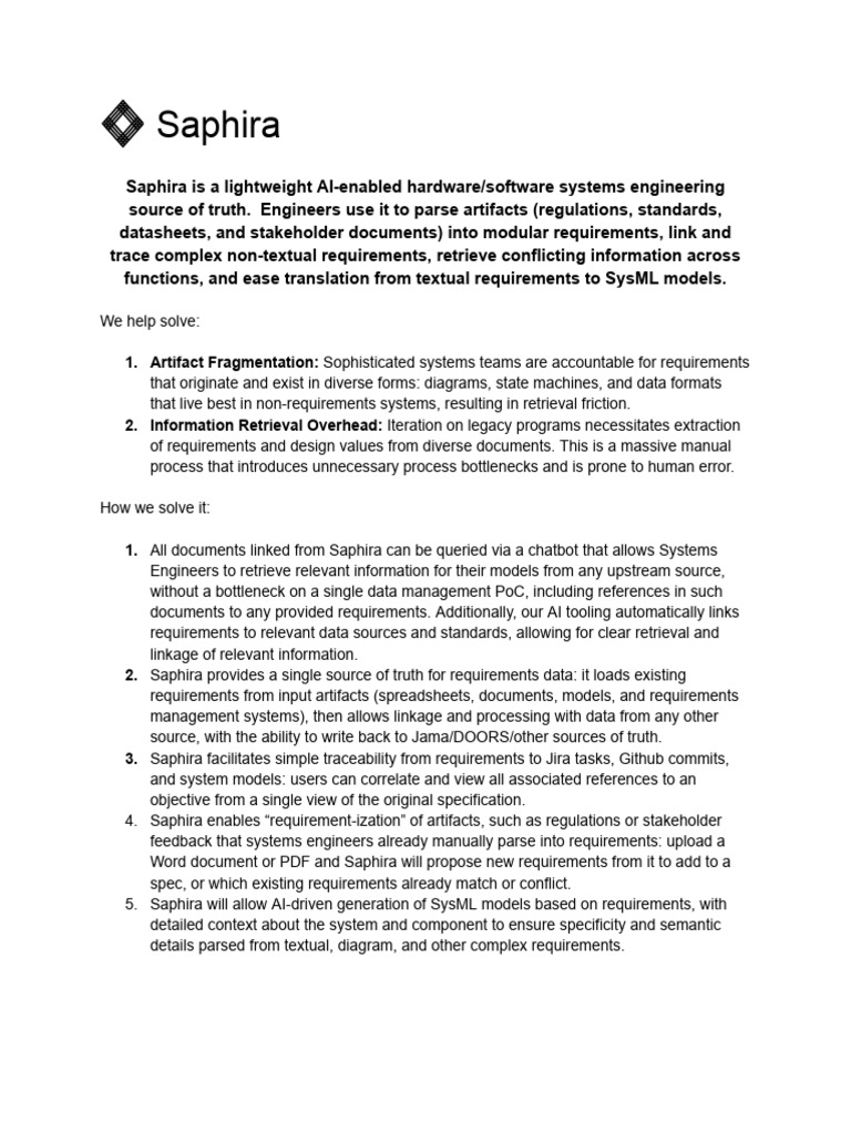 Saphira SysE SSoT One-Pager | PDF | Parsing | Information