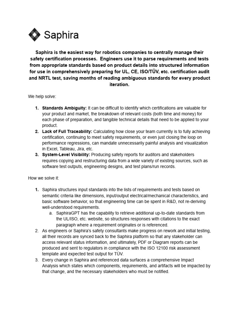Saphira Safety Certification One-Pager | PDF | Audit | Software Testing