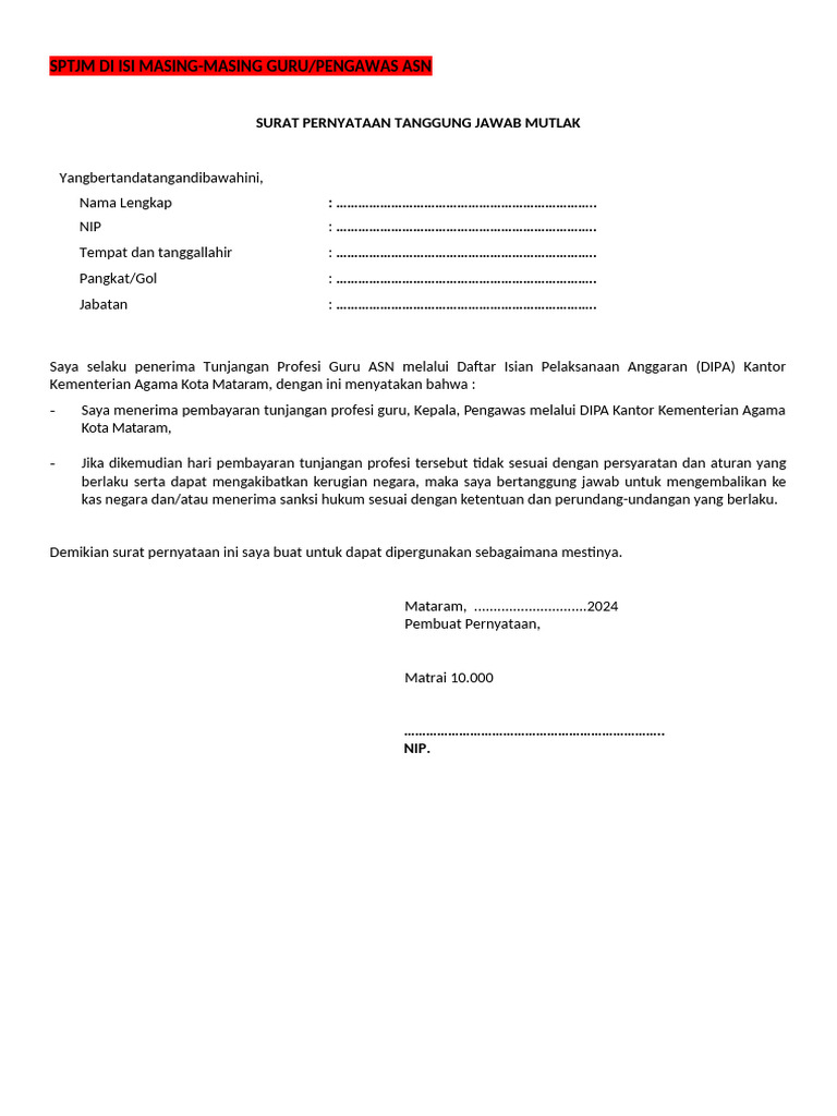 FORM SURAT PENYATAAN ATAU SPTJM TAHUN 2024 | PDF